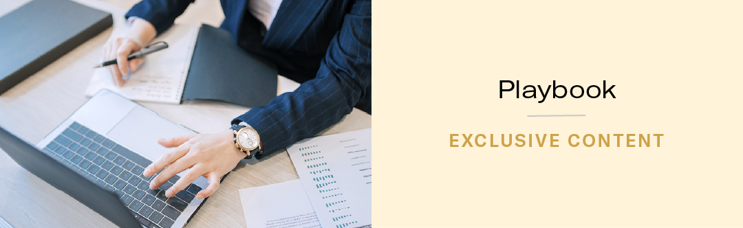 A person typing on a laptop with the copy, Playbook, Exclusive Content