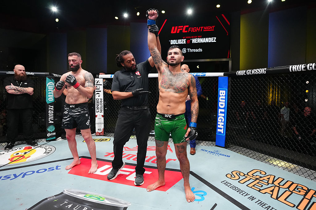 Anthony Hernandez reacts after a submission victory against Roman ...