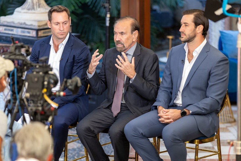 (L-R) Jon Paul, Jorge and Nicholas Pérez at the former Versace Mansion ...