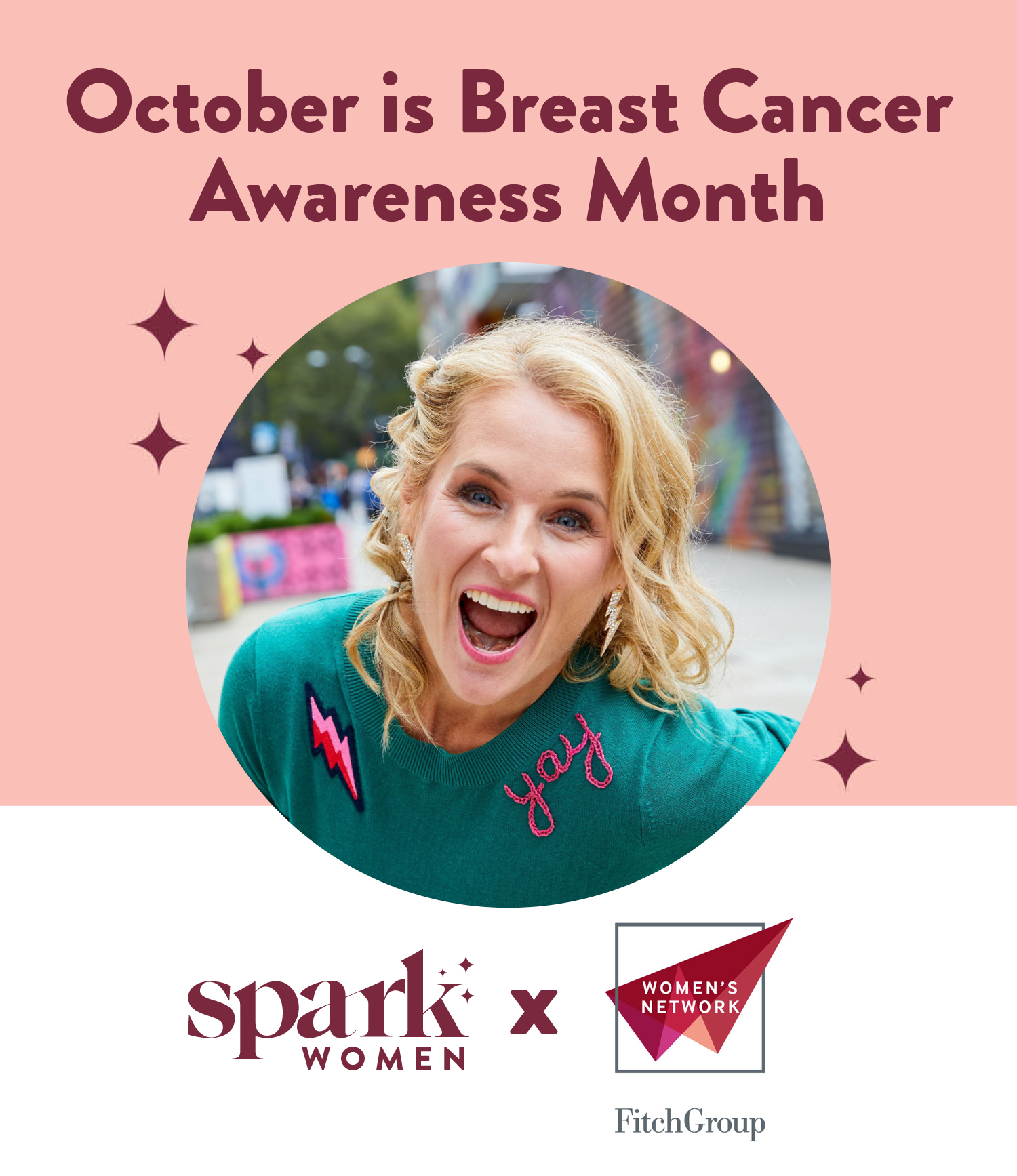 Breast Cancer Awareness Month sign with headshot of Meaghan Murphy