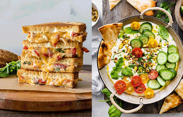 gif of various appetizers including sandwiches, dips, wings, and rolls