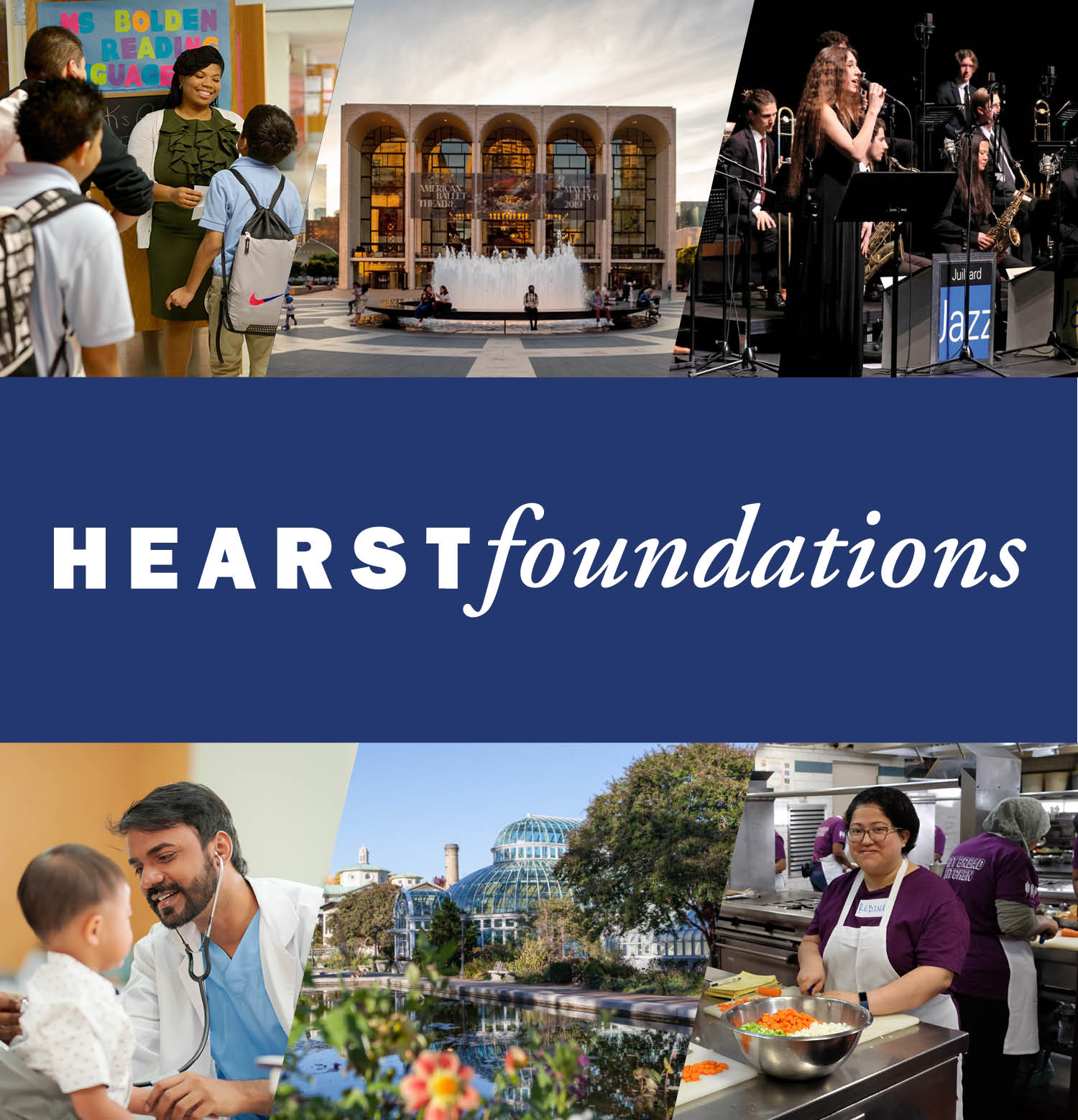 Hearst Foundations logo surrounded by people singing, doctor checking ...